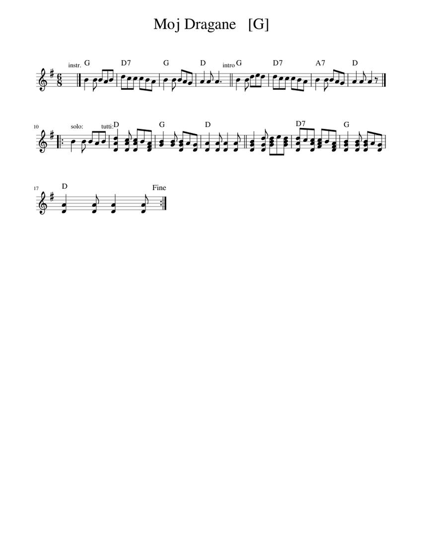 Moj Dragane Sheet Music with Chords for Piano (Solo) Easy | MuseScore.com