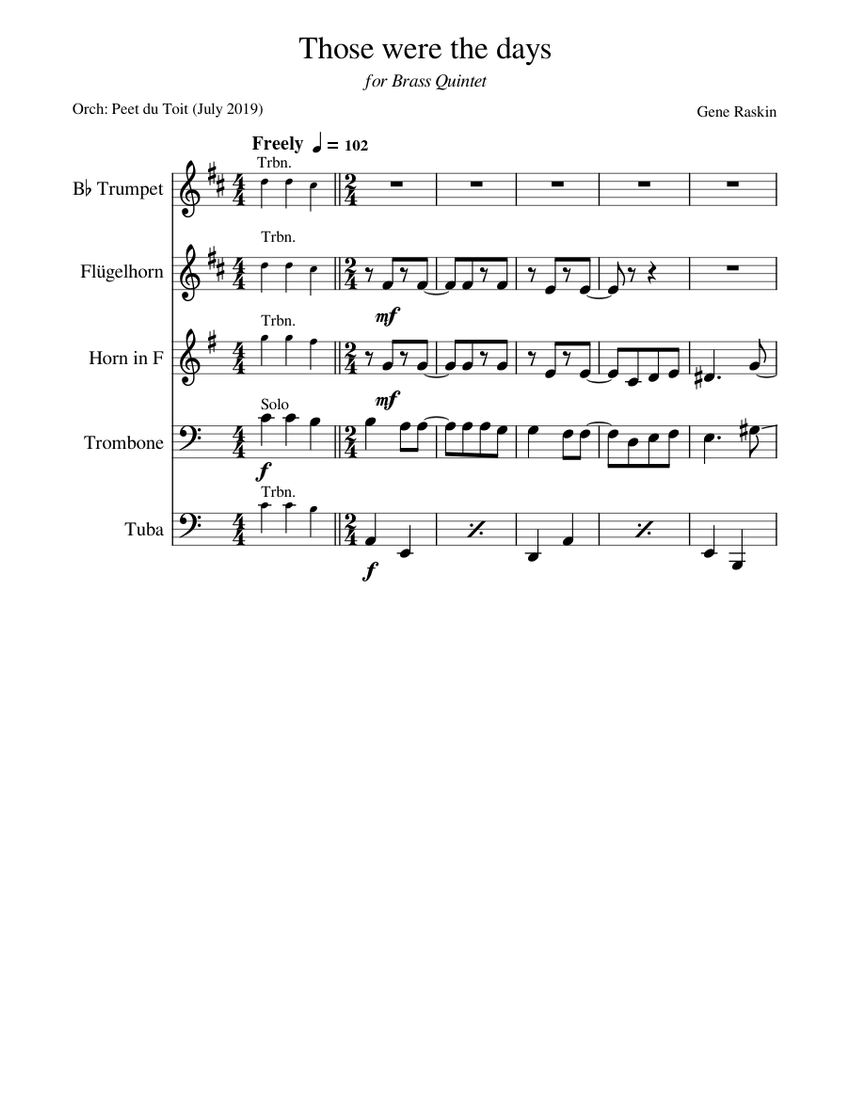Those were the days - Gene Raskin (Brass Quintet) Sheet music for ...