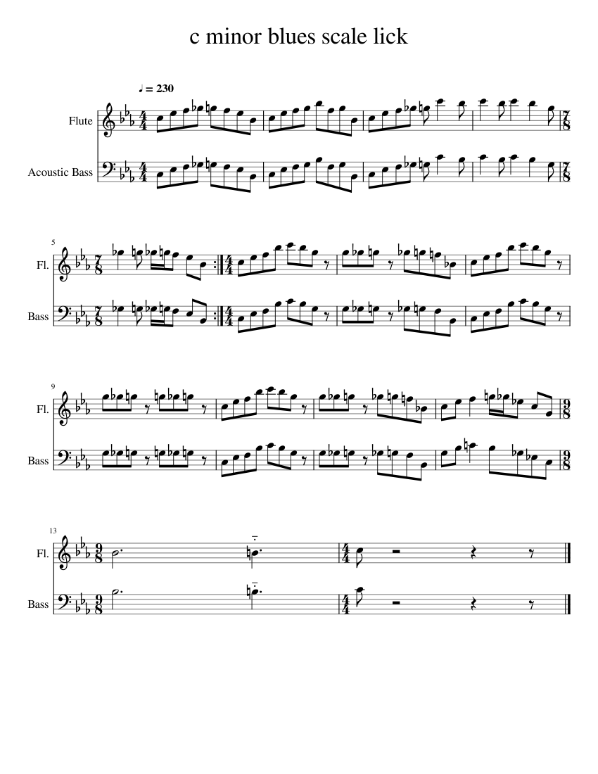 c_minor_blues_scale_lick Sheet Music for Flute, Bass guitar (Mixed Duet ...