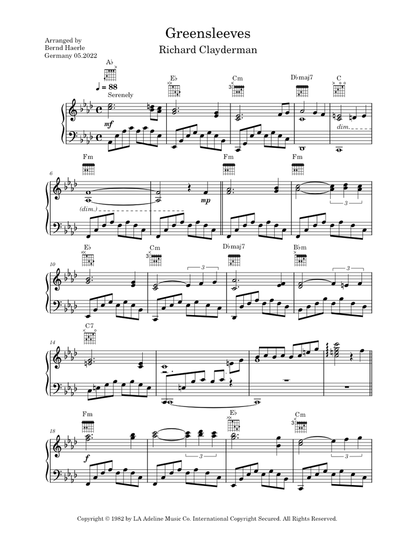 Greensleeves – Richard Clayderman Sheet Music for Piano (Solo ...