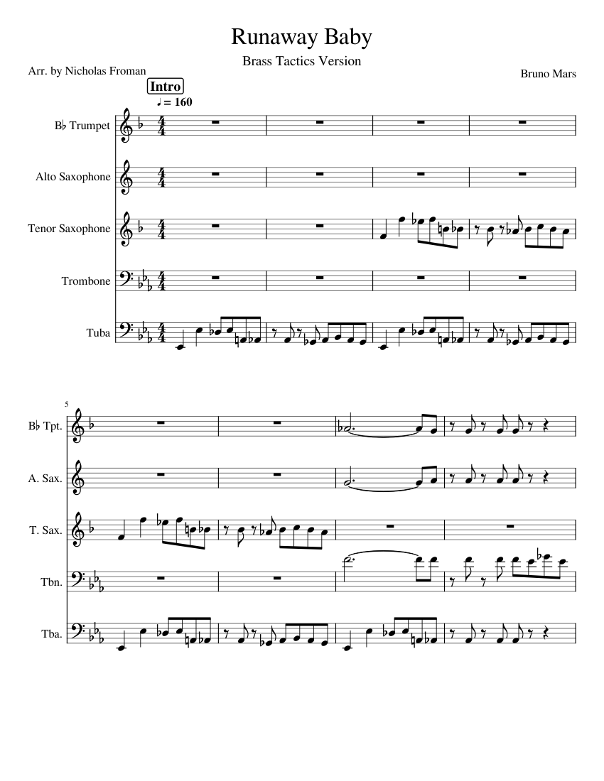 Runaway Baby by Bruno Mars Arr. by Nicholas Froman Sheet music for ...