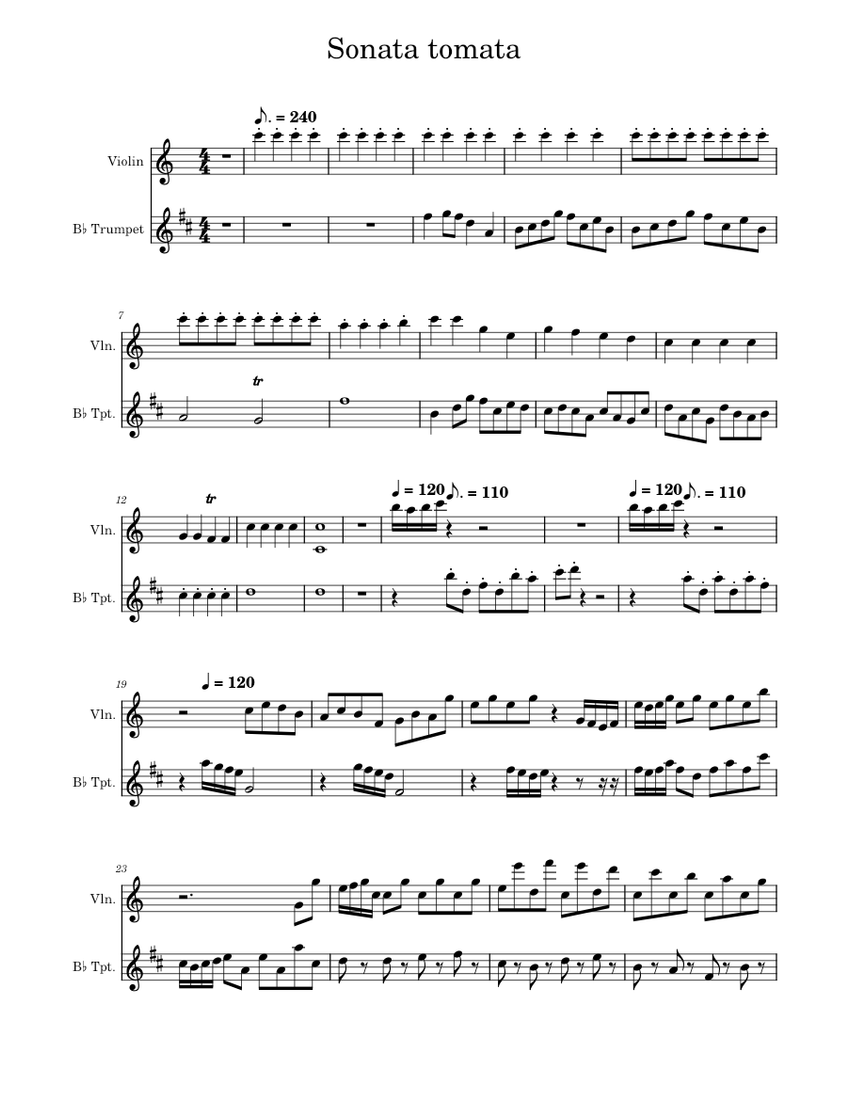 Sonata_tomata Sheet music for Trumpet in b-flat, Violin (Mixed Duet) | Musescore.com