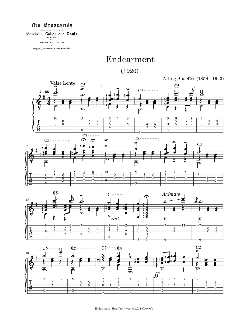 Endearment – Arling Shaeffer (1859 - 1943) - Tablature Sheet music for ...