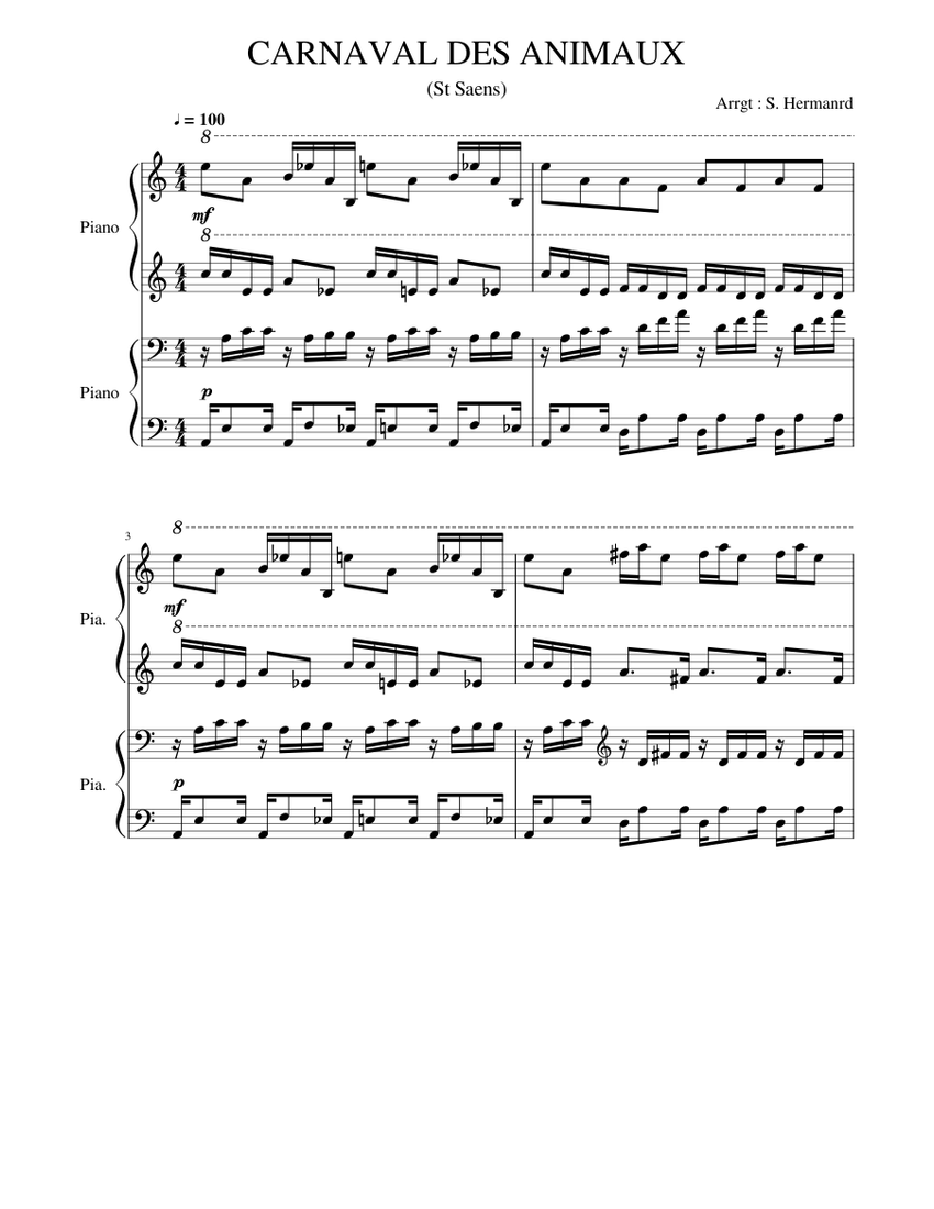 CARNAVAL DES ANIMAUX de Camille St-Saens Sheet Music for Piano (Piano ...