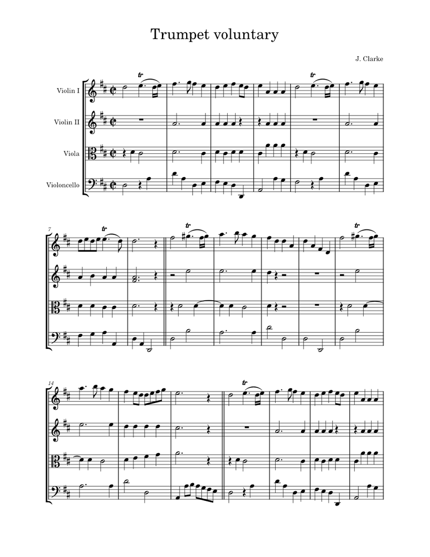 Trumpet Voluntary – Jeremiah Clarke Sheet Music for Violin, Viola ...