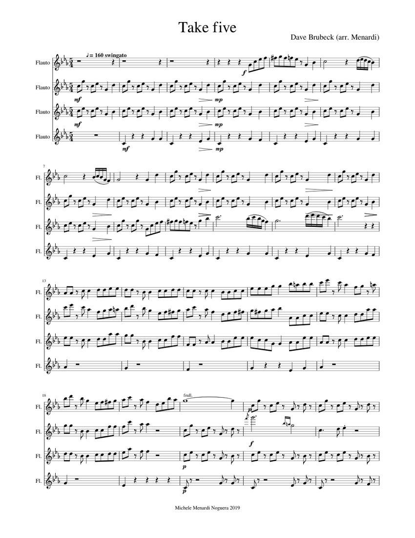 Take five by Dave Brubeck for flute quartet Sheet music for Flute ...