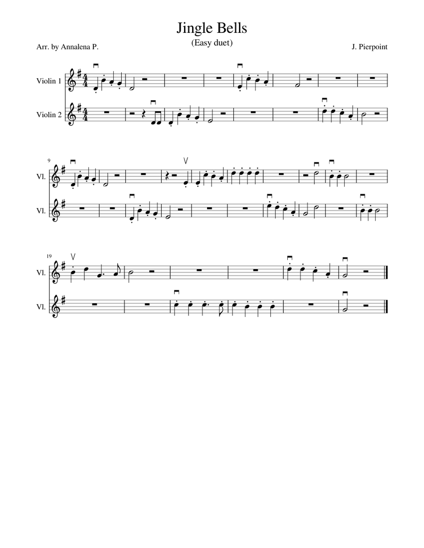 Jingle Bells (Easy duet) Sheet Music for Violin (String Duet ...