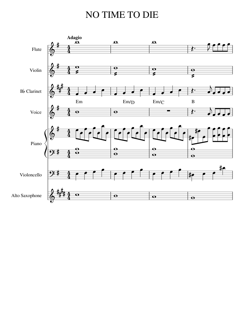 NO TIME TO DIE Sheet Music for Piano, Vocals, Flute, Clarinet in b-flat & more instruments ...
