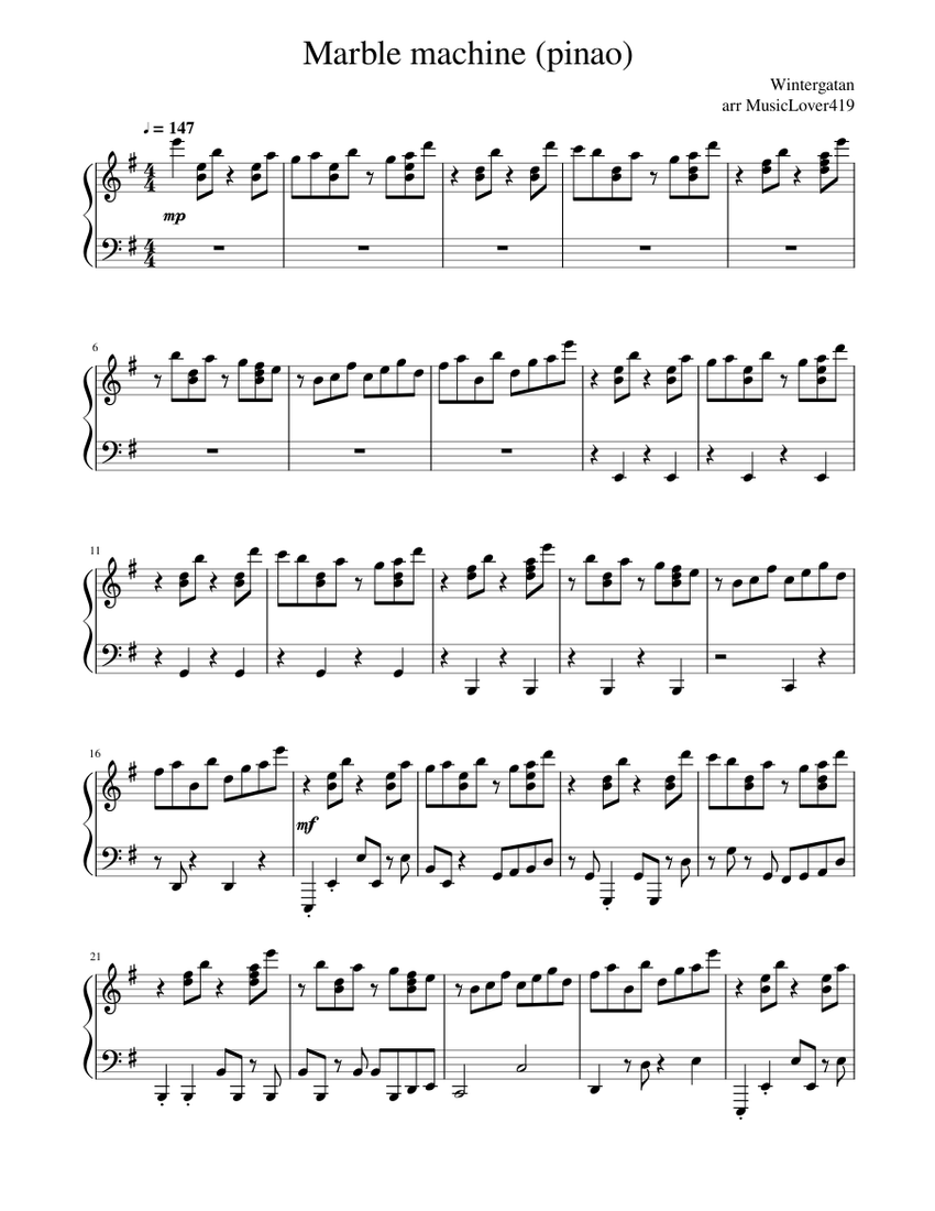 Marble Machine piano Sheet Music for Piano (Solo) | MuseScore.com