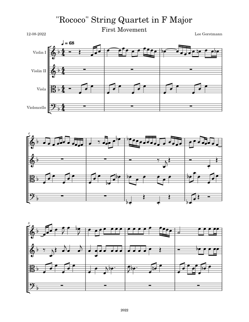 Rococo String Quartet in F Major 1 Sheet Music for Violin, Viola, Cello ...