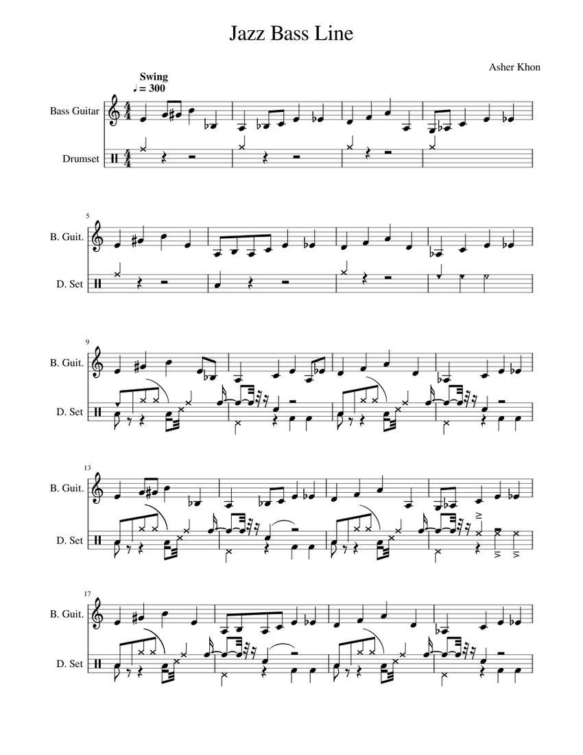 Jazz bass line Sheet Music for Piano, Drum group (Mixed Duet ...
