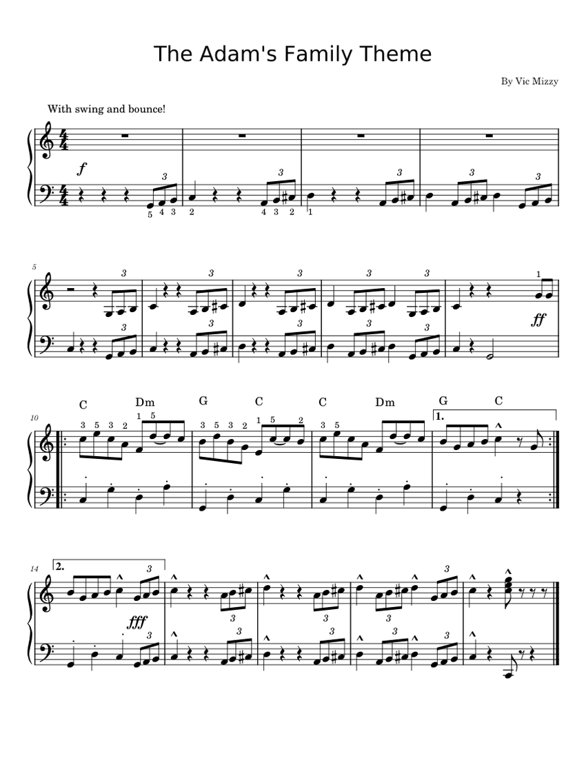 The Addams Family - Easy Piano in C Sheet Music for Piano (Solo ...