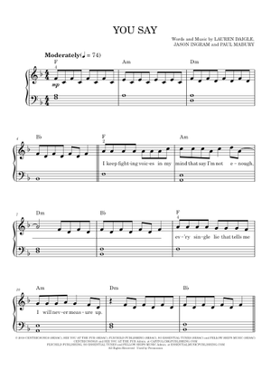 Play Official version of You Say Sheet Music by Lauren Daigle for Piano ...