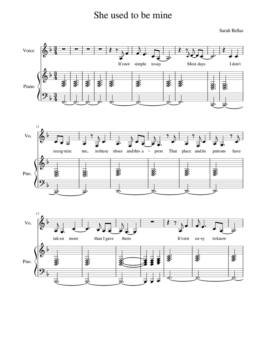 She Used To Be Mine Fmaj Sheet Music with Chords for Piano, Voice ...