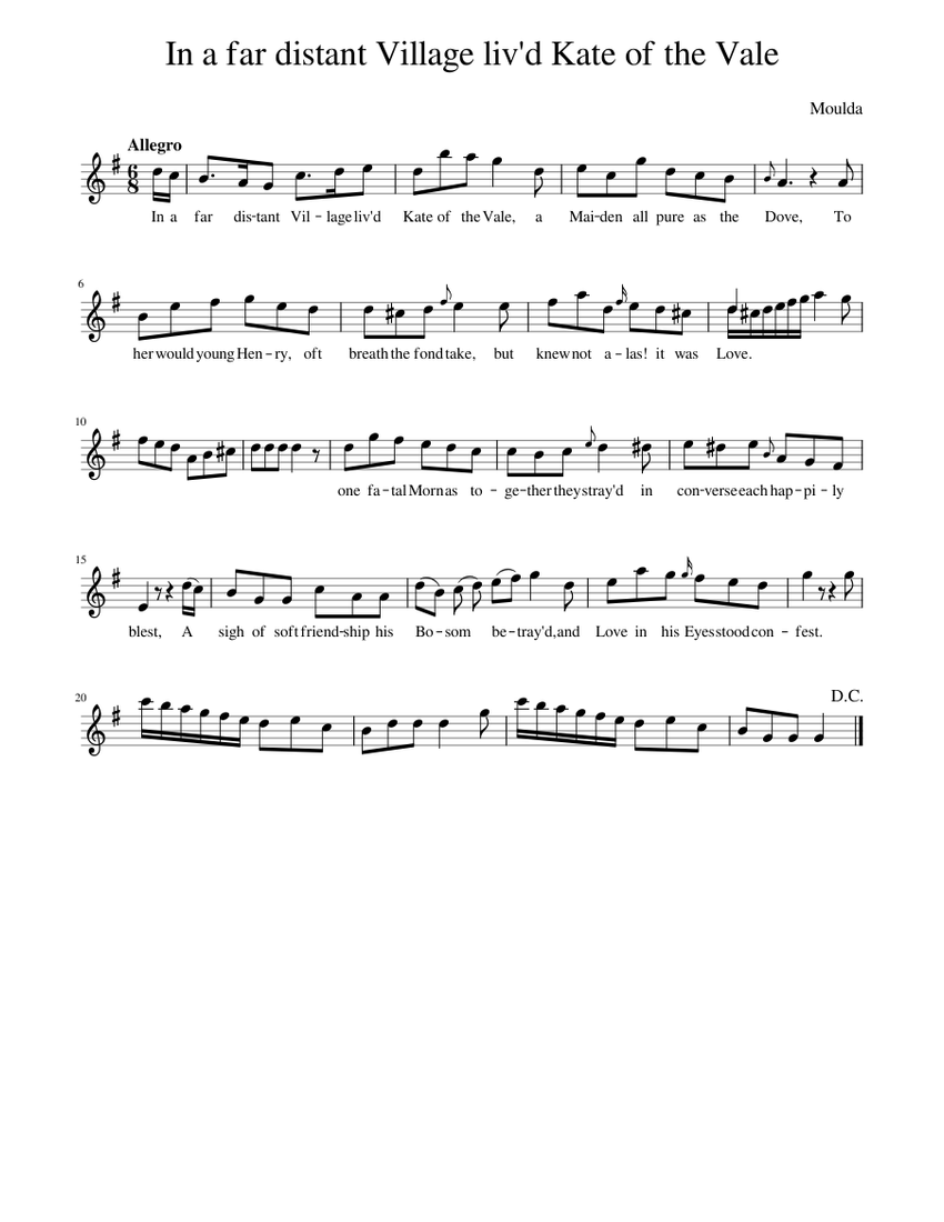 Moulda - In a far distant Village liv'd Kate of the Vale Sheet music ...