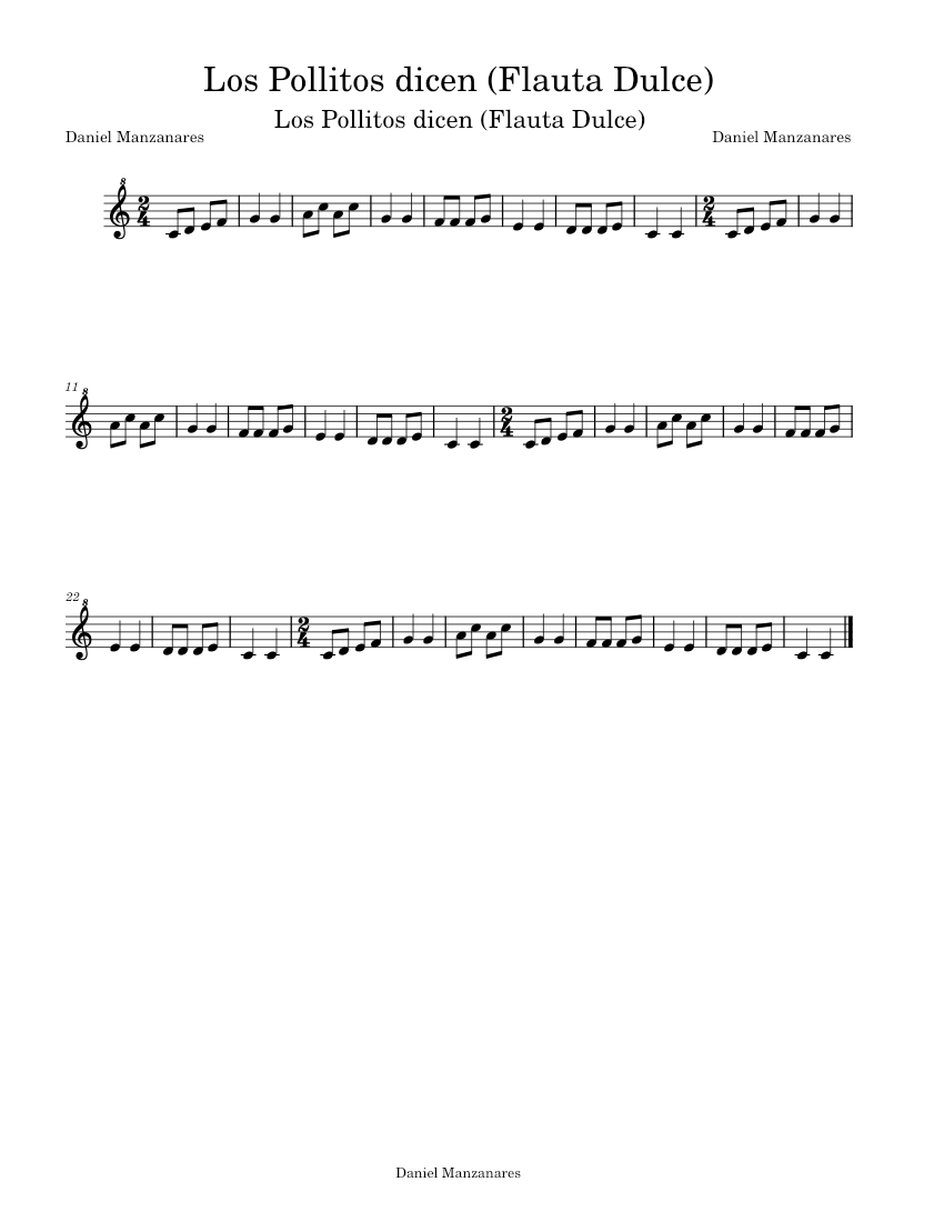 Los Pollitos dicen (Flauta Dulce) Sheet Music for Recorder (Solo ...
