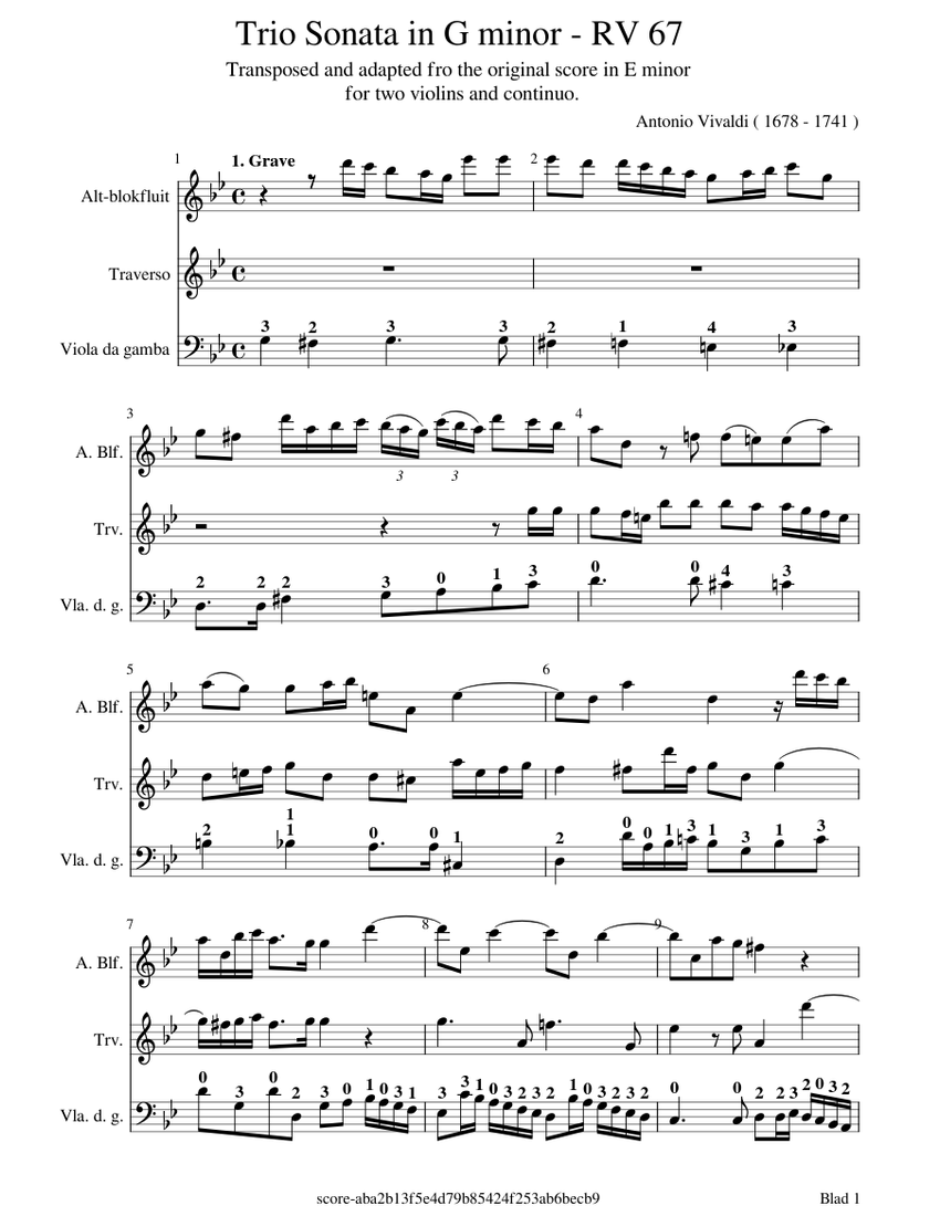Trio Sonata in E minor, RV 67 – Antonio Vivaldi Sheet Music for Flute, Cello, Recorder (Woodwind ...