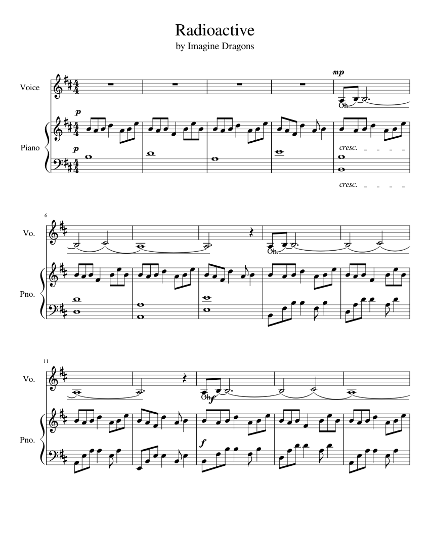 Radioactive by Imagine Dragons ~ Arrangement for Vocals and Piano Sheet ...