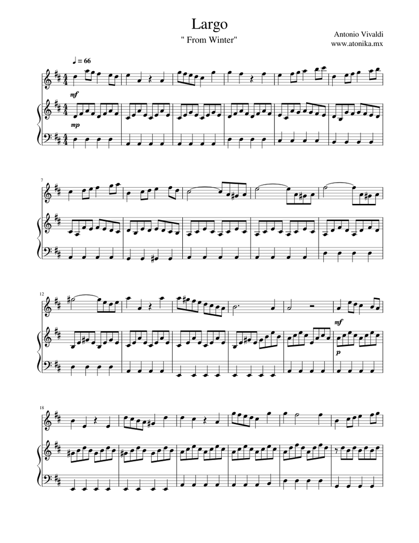 Largo from winter - Vivaldi Sheet Music for Piano, Violin (Solo ...
