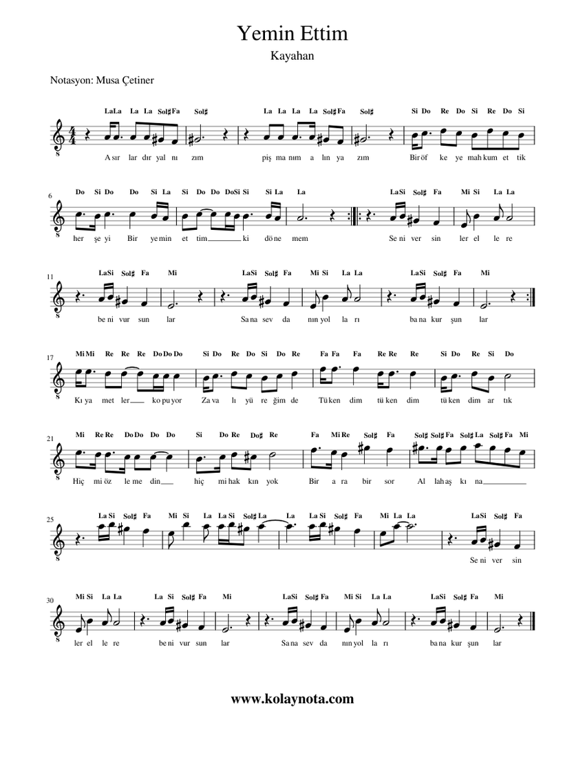 Yemin Ettim - Kolay Nota Sheet Music for Guitar (Solo) | MuseScore.com