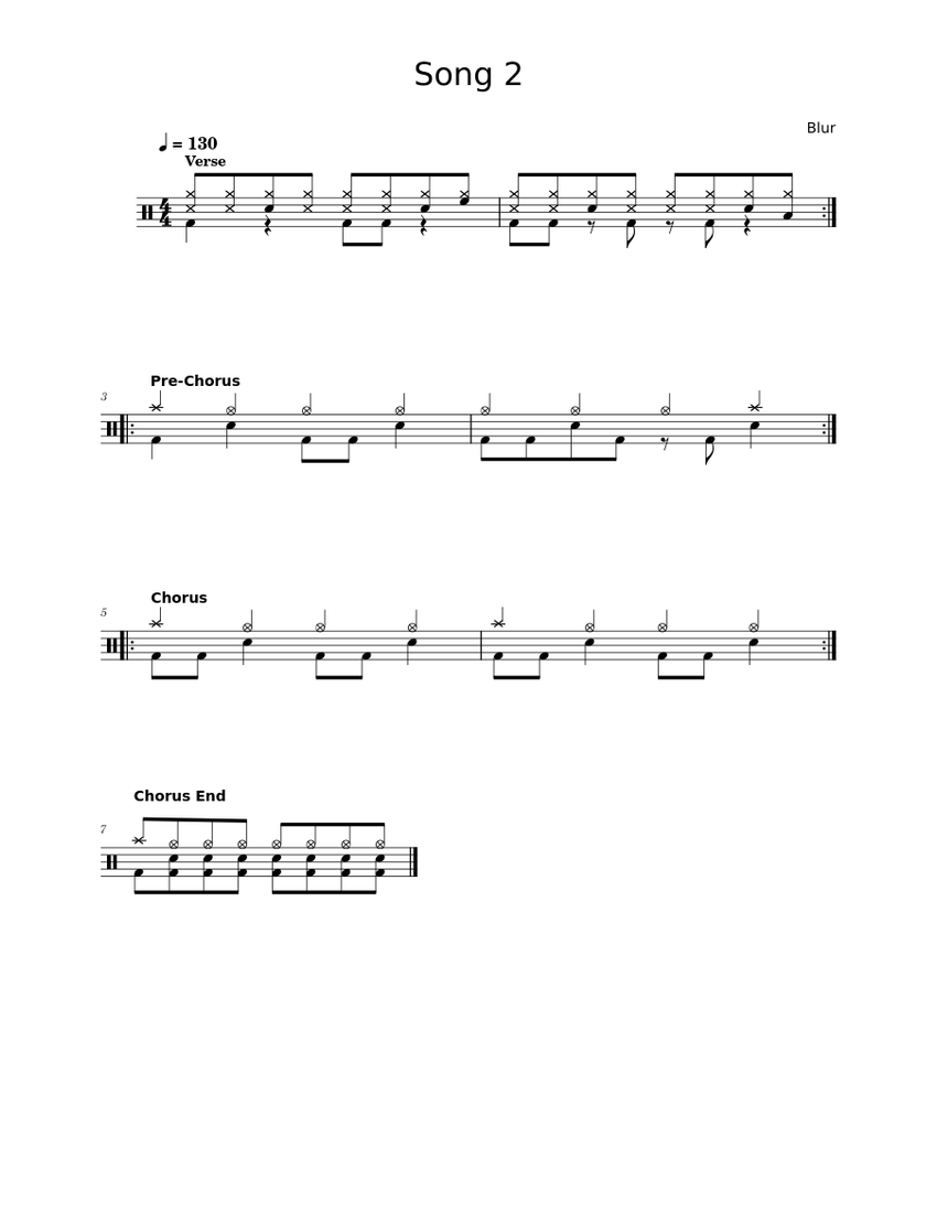 Song 2 – Blur Sheet Music for Drum group (Solo) | MuseScore.com