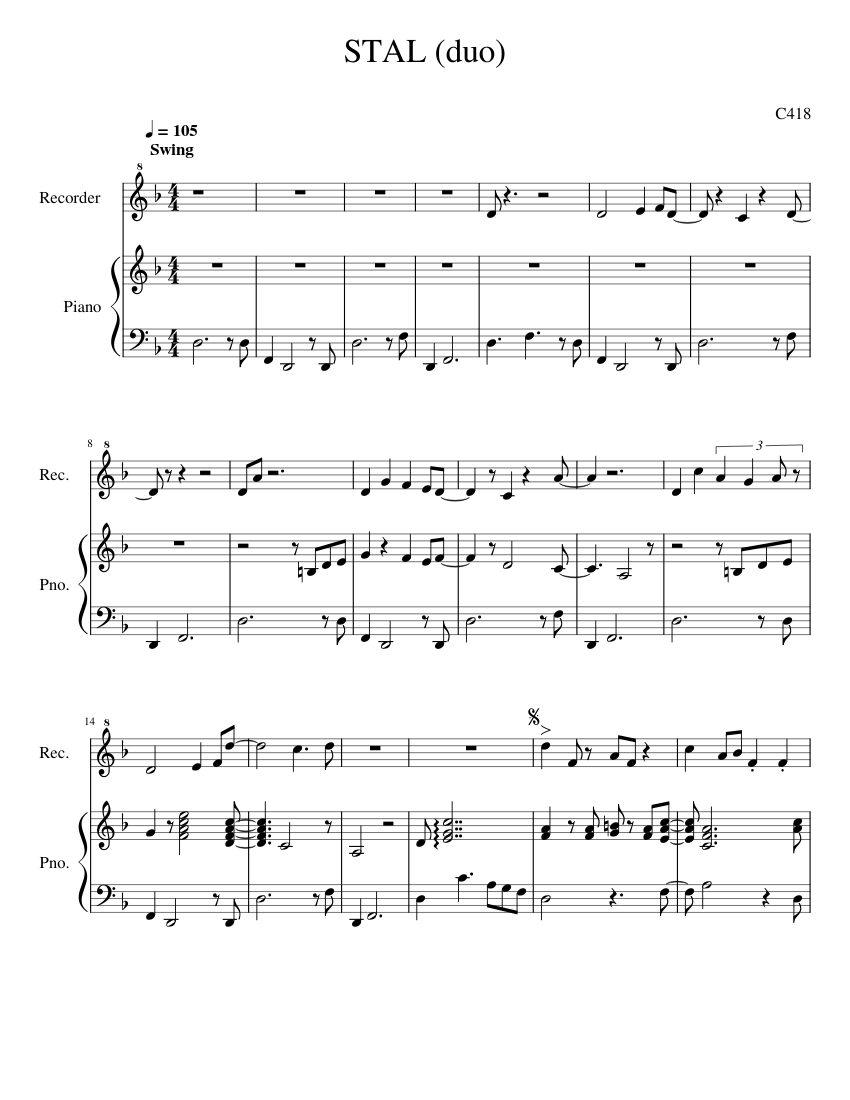 Stal – C418 (Duet) Sheet music for Piano, Recorder (Mixed Duet ...