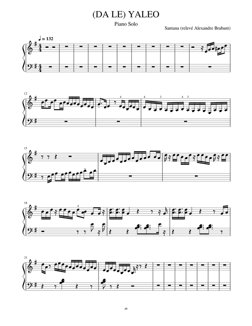 DA LE YALEO - Santana Sheet Music for Piano (Solo) Easy | MuseScore.com