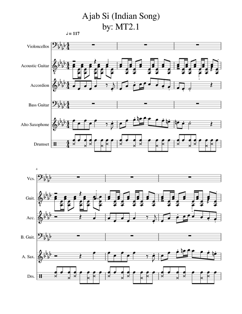 Ajab Si (Indian Song) by: MT2.1 Sheet Music for Accordion, Saxophone ...