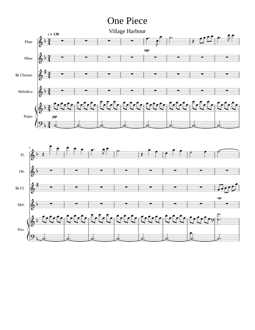 One Piece - Harbour Village Sheet Music for Piano, Flute, Oboe ...