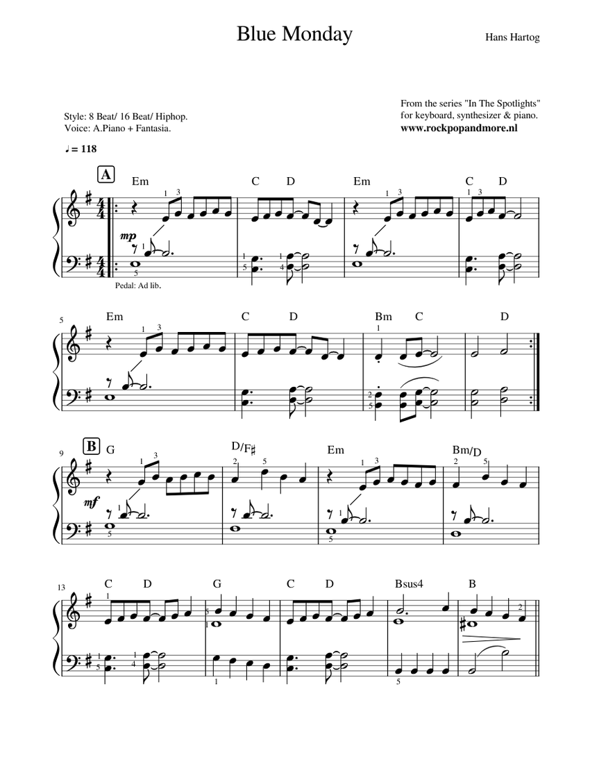Blue Monday Sheet Music with Chords for Piano (Solo) easy | MuseScore.com