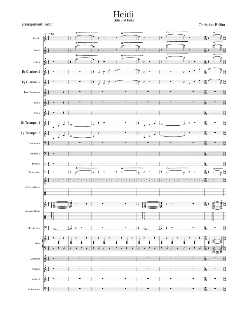 Heidi- Theme song Sheet Music and Tab for Piano, Trombone, Accordion ...