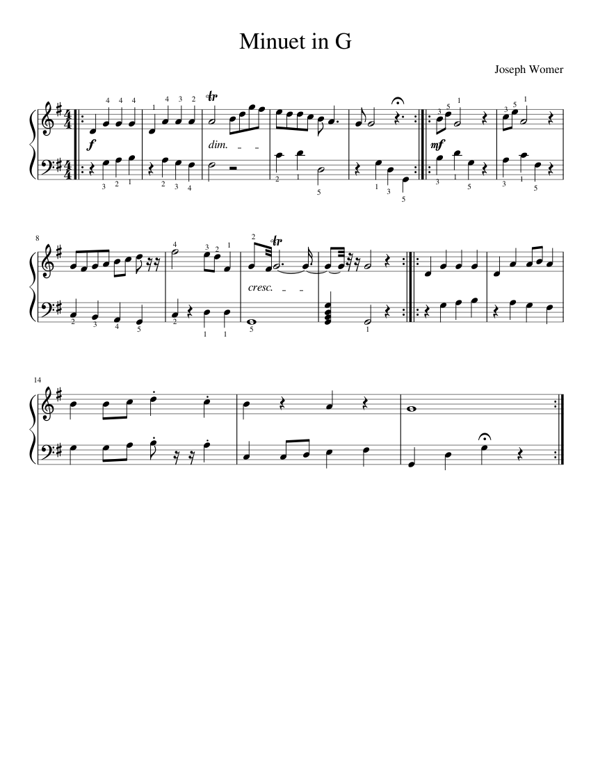 Minuet in G by Joseph Womer Sheet music for Piano (Solo) Easy ...