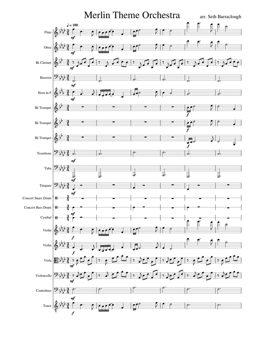 Merlin Theme for Orchestra Sheet music for Trombone, Tenor, Tuba, Flute ...