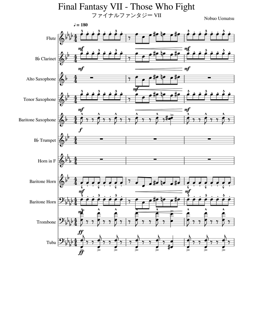 Final Fantasy VII Battle Theme Sheet Music for Trombone, Tuba, Flute ...