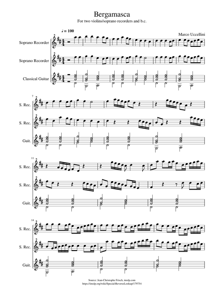 Marco Uccellini - Bergamasca - for two violins/soprano recorders and b ...
