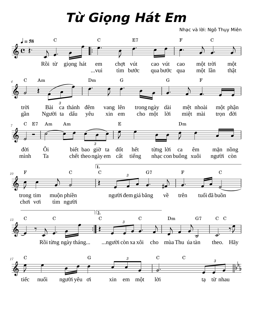 Từ Giọng Hát Em Sheet Music with Chords for Piano (Solo) easy ...