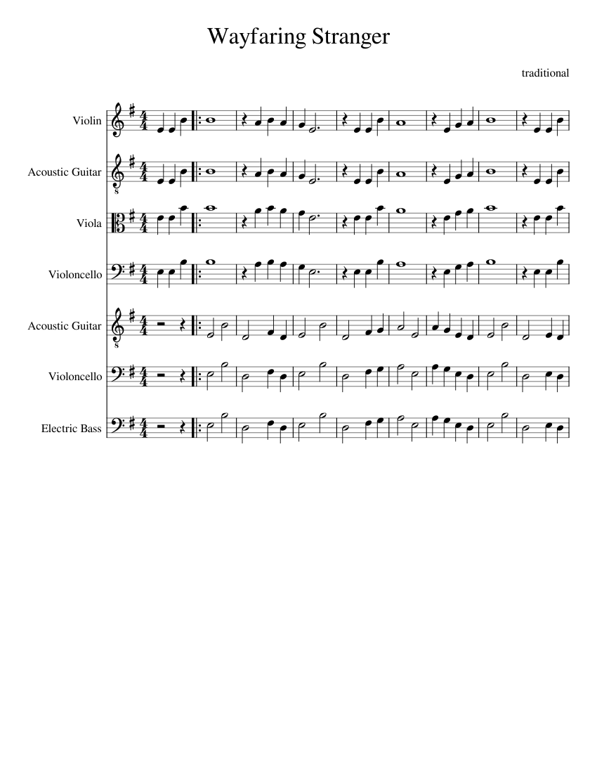 Wayfaring Stranger Sheet Music for Violin, Viola, Cello, Guitar & more ...