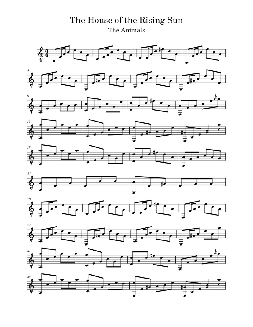 House of the rising sun – The Animals The House of the Rising Sun Sheet ...