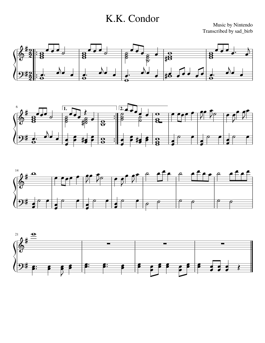 K.K. Condor - Animal Crossing (Piano) Sheet Music for Piano (Solo) Easy ...