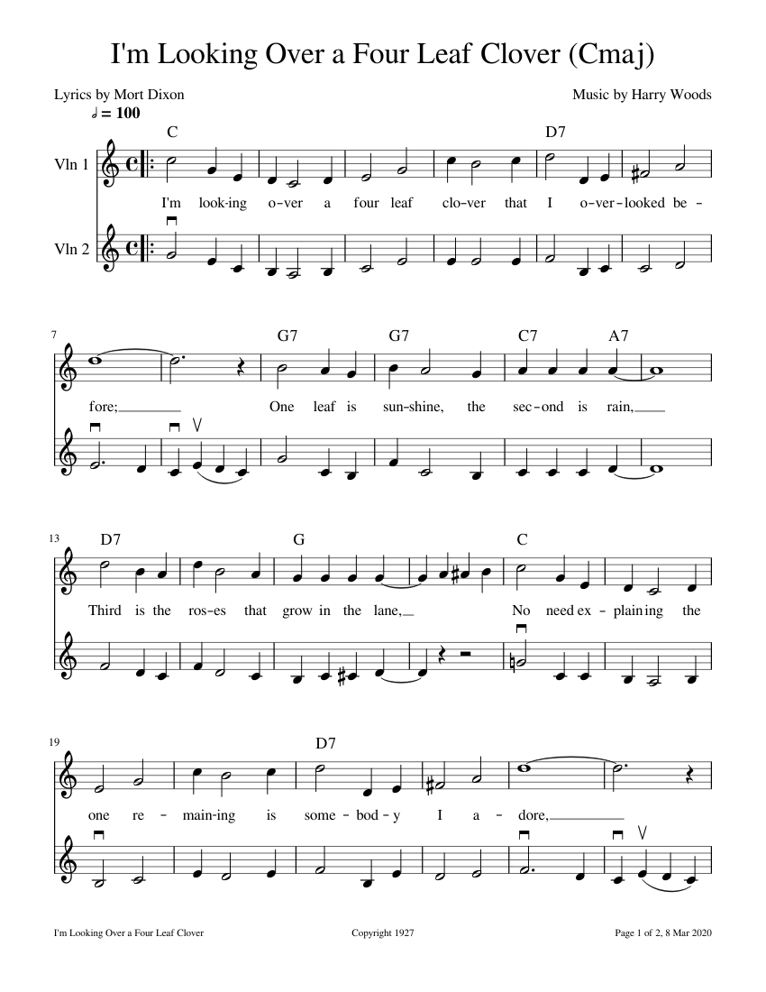 I'm Looking Over a Four Leaf Clover (Cmaj) Sheet Music for Violin ...
