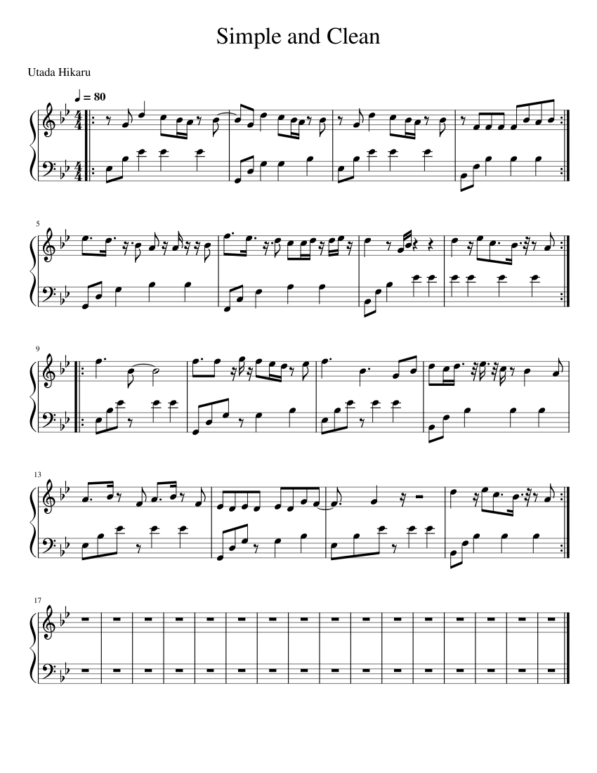 Simple and Clean by Utada Hikaru Sheet Music for Piano (Solo) easy ...