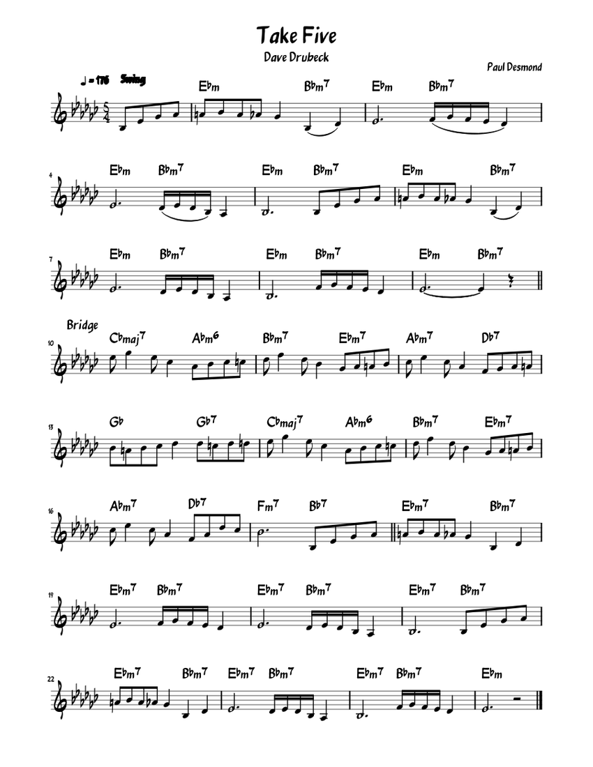Take Five Sheet Music with Chords for Piano (Solo) easy | MuseScore.com
