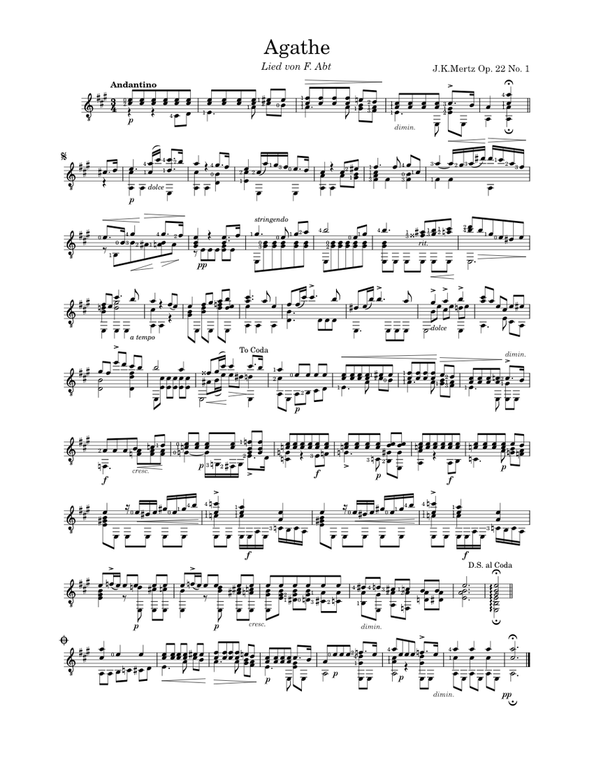 Agathe Op.22 No.1 – Johann Kaspar Mertz Sheet music for Guitar (Solo ...