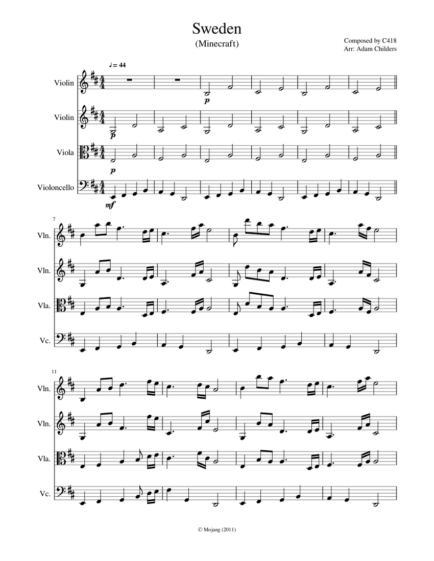 Sweden - Minecraft Sheet Music for Violin, Viola, Cello (String Quartet ...