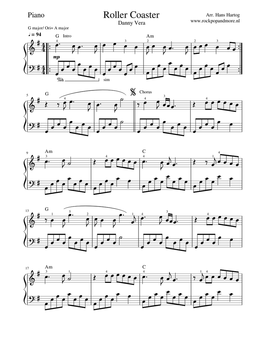Roller Coaster Sheet Music with Chords for Piano (Solo) Easy ...