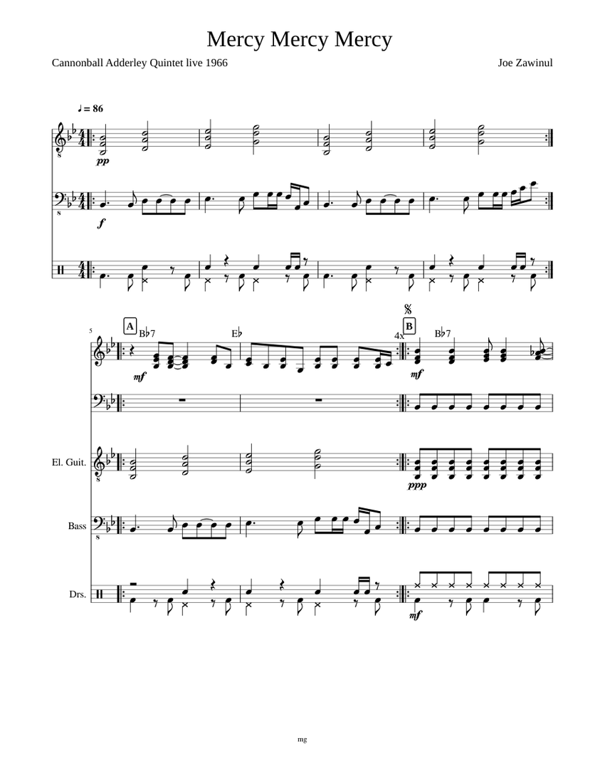Mercy Mercy Mercy Sheet music for Guitar, Bass guitar, Drum group ...