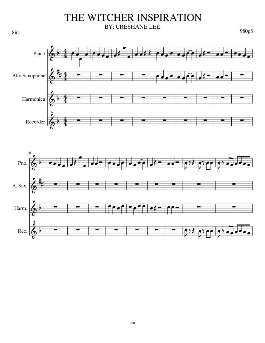 THE WITCHER INSPIRATION Sheet music for Piano, Saxophone alto, Recorder ...