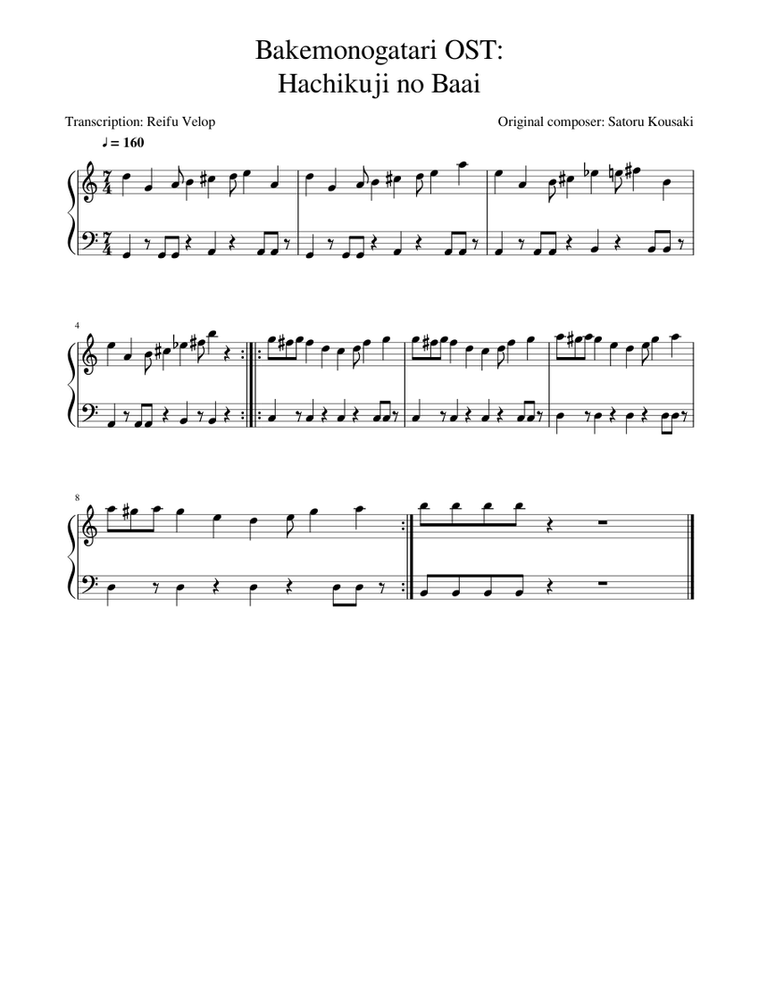 Bakemonogatari OST: Hachikuji no Baai Sheet music for Piano (Solo ...