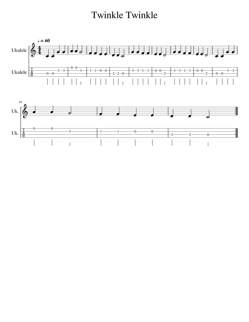 Twinkle Twinkle ukulele Sheet Music and Tab for Ukulele (Mixed Duet ...