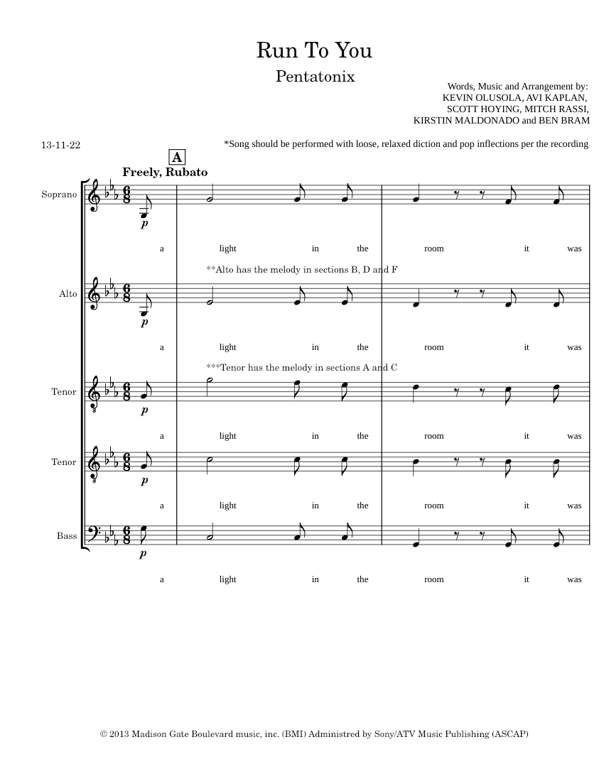 Run_To_You Sheet Music for Alto, Tenor, Bass voice, Mezzo soprano ...